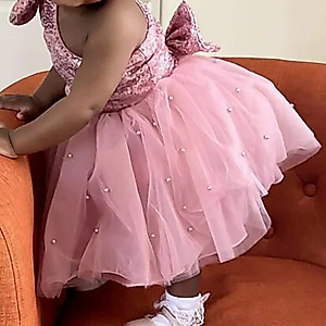 RUYUYIRU Baby Girls Sequin One Shoulder Dress Toddler Tutu Flower Princess Girl Pearl Wedding Birthday Party Dresses for Toddler Baby Girls Holiday Dress Gown
