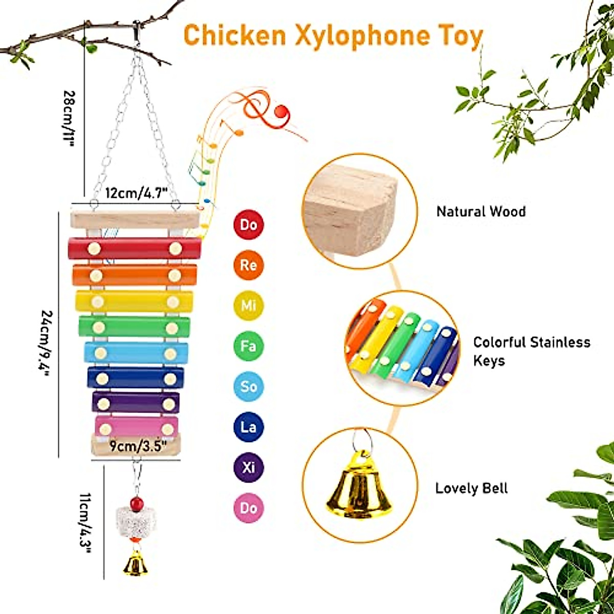 WIOR 9 Packs Chicken Toys for Coop, Chicken Swing Set Chicken Mirror Chicken Ladder Bridge Chicken Xylophone Toys with Bells for Hens, Chicken Vegetable Hanging Feeder for Poultry Rooster Bird Parrot