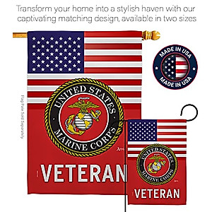 US Marine Corps Veteran Garden Flag - Set with Stand Armed Forces USMC Semper Fi United State American Military Retire Official - House Banner Small Yard Gift Double-Sided Made in USA 13 X 18.5