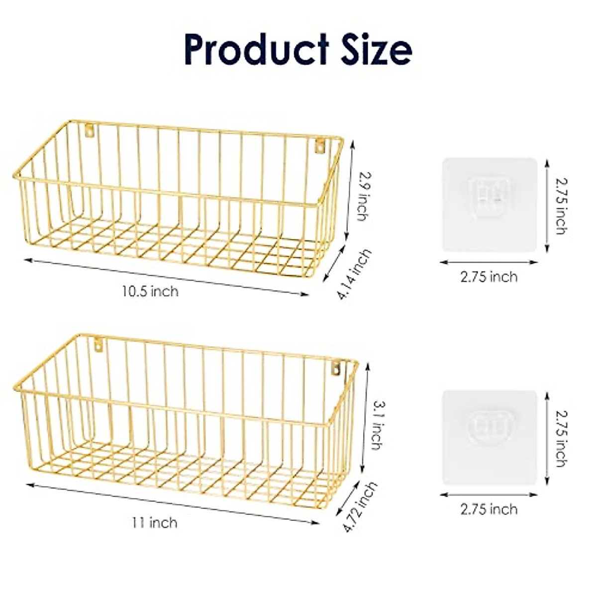 Paddsun 2 Pack Adhesive Shower Caddy Basket Shelf, Stainless Steel Gold Bathroom Tub Organizer with 5 Hooks, No Drilling Wall Mounted Organizer Shelves for Bathroom Kitchen Toilet Bedroom