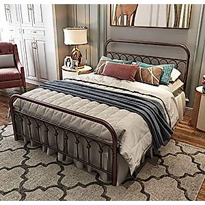 TUSEER Metal Bed Frame Queen Size with Vintage Headboard and Footboard Platform Base Wrought Iron Double Bed Frame (Queen, Antique Brown).