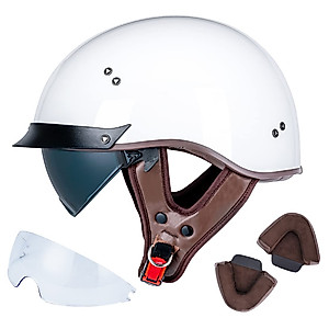 Motorcycle Half Face Helmet F-07 with Sun Visor Quick Release Buckle DOT Approved Adult Helmets for Cruiser Chopper Moped Scooter ATV (Gloss White,XL