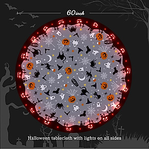 Suppromo Halloween Tablecloth with Lights 60 Inch Round Waterproof Fabric Pumpkin Witches Bat Ghost Table Cloth for Halloween Party Everyday Dinner Table Decorations Halloween Table Cover