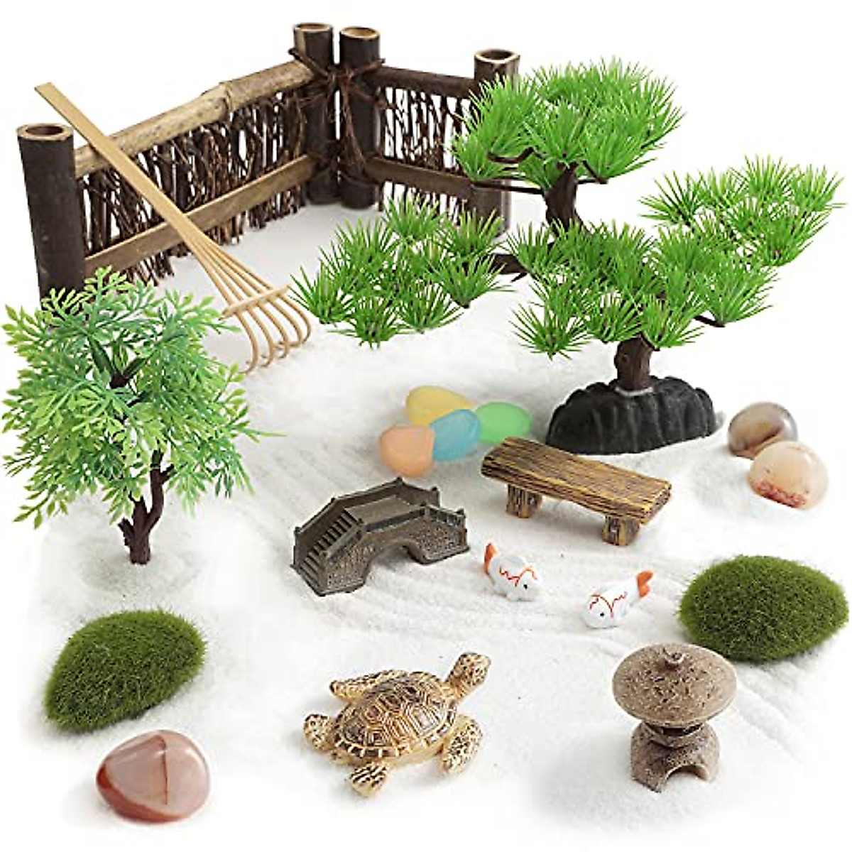 COCORO DIY Desktop Zen Garden for Desk and Office Accessories Includes Zen Garden Sand, Rocks, Rake, Moss Stones, Fishes, Lantern, Bridge, Bench, Baby Pine Tree, Pine Tree, and Turtle