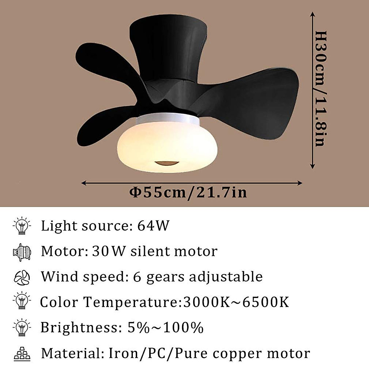 SEYFI Kids Bedroom Ceiling Fan with Light Reversible with Remote Control 6 Speeds Led Dimmable Fan Ceiling Light 64W with Timer Modern T Ceiling Fan Light