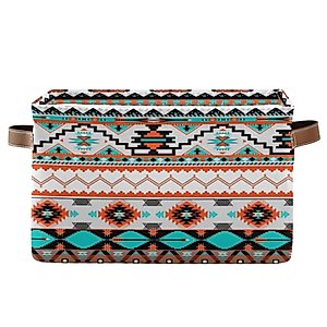 Ethnic Aztec Print Storage Basket Native American Storage Bin Collapsible Retro Tribal Navajo Large Storage Baskets with Leather Handles Storage Cube Box Organizer for Closet Toys Clothes Basket,1PC