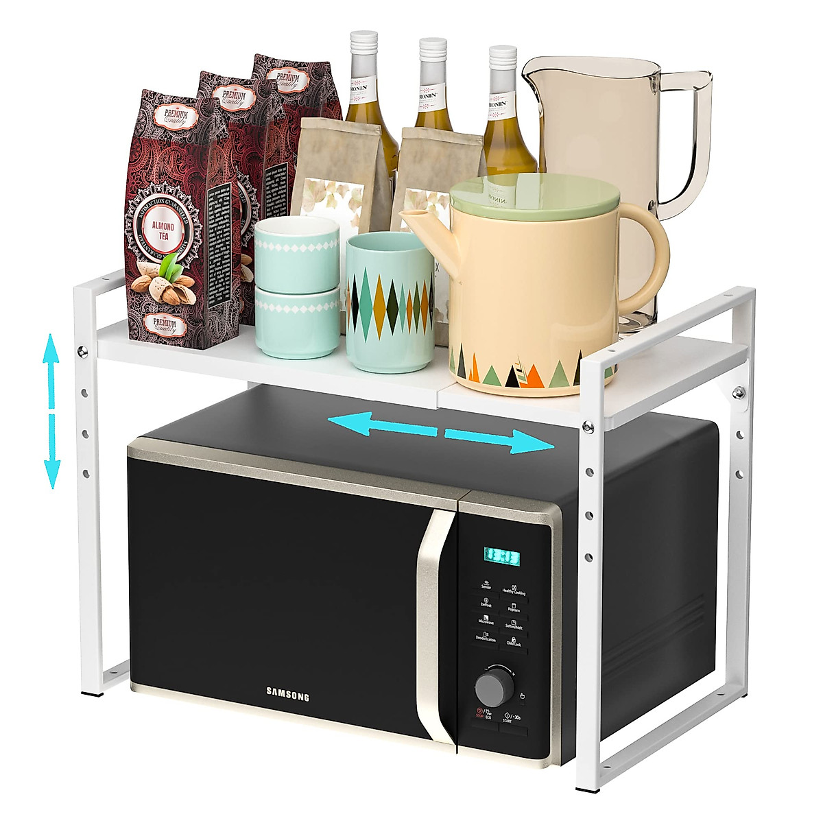 iPEGTOP Extendable Microwave Oven Rack, Adjustable Height Microwave/Toaster Shelf Heavy Duty Metal Pantry Shelf Space Riser Stand Organizer for Kitchen Counter Top Organization, White