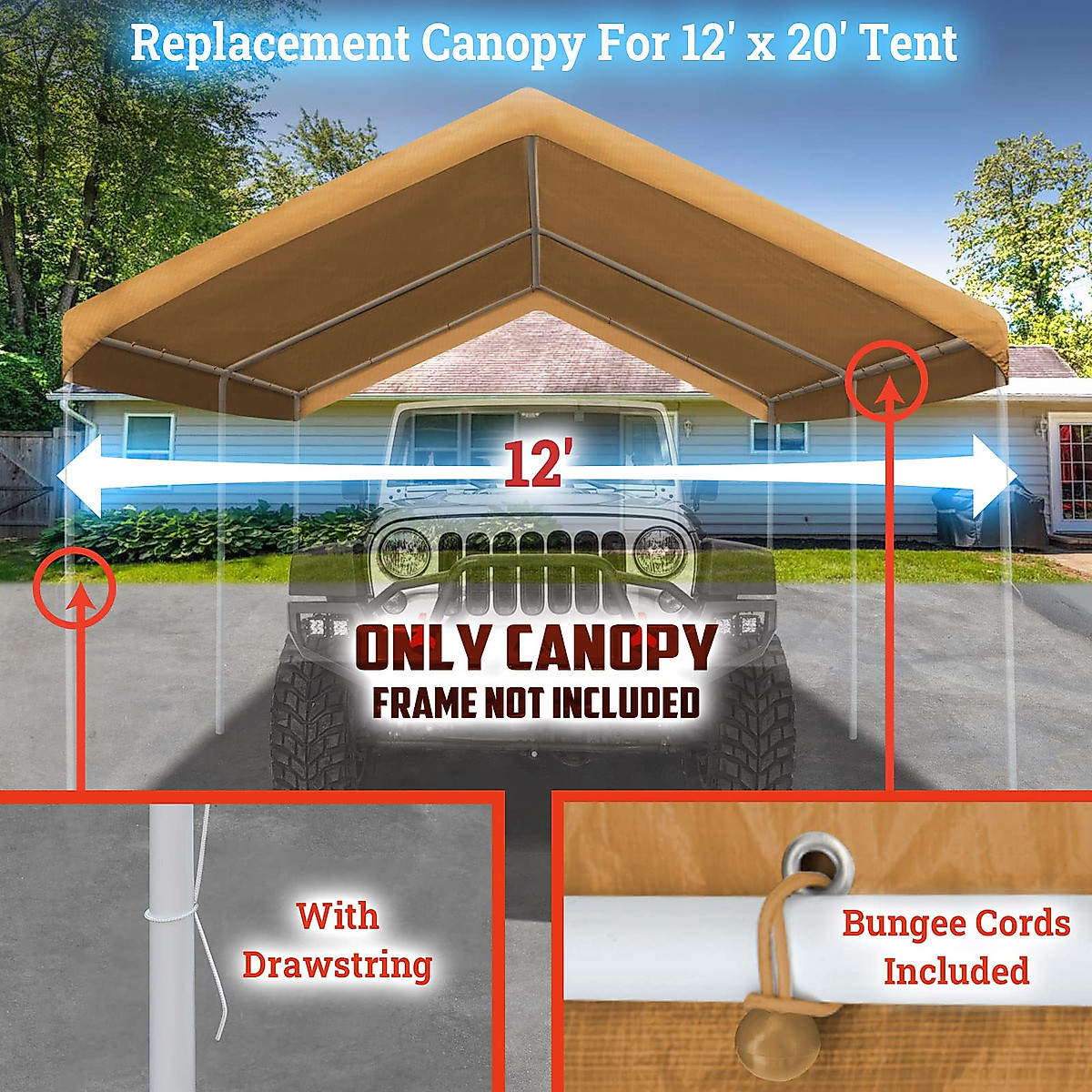 BenefitUSA 12'x20' Carport Canopy ONLY Tent Garage Replacement Top Tarp Car Shelter Cover w/Ball Bungees(TAN)
