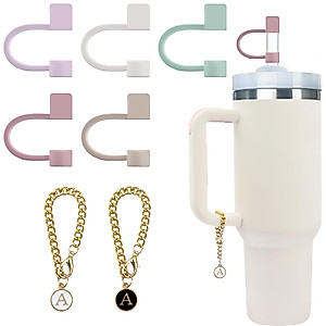 Velaco 5Pcs Silicone Straw Covers Cap and 2 PCS Letter Charm Accessories - Chains with Initial Letter for Stanley 20 30 40 oz Tumbler with Handle