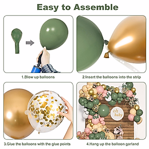 Amandir 166Pcs Sage Green Balloon Garland Arch Kit Olive Green Blush Peach White Gold Balloons Artificial Eucalyptus Stems Jungle Safari Baby Shower Birthday Party Baptism Decorations for Boys Girls