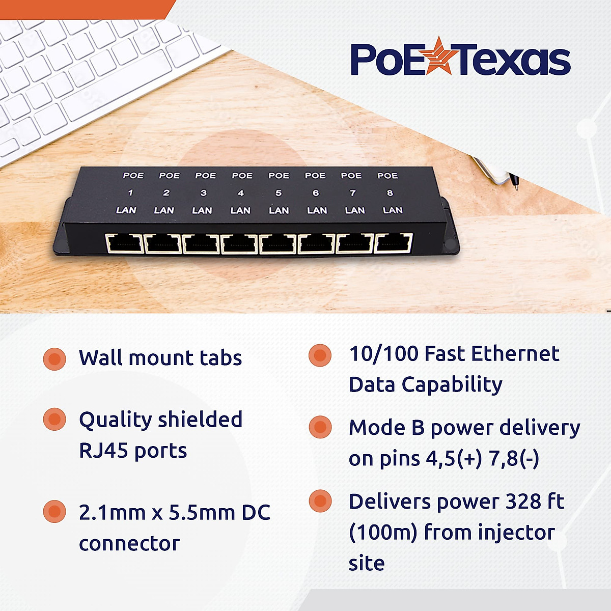 PoE Texas 8 Port PoE Injector - 10/100 Passive Power Over Ethernet 48v Power Supply - 48 Volt 60 Watt AC to DC Power Supply