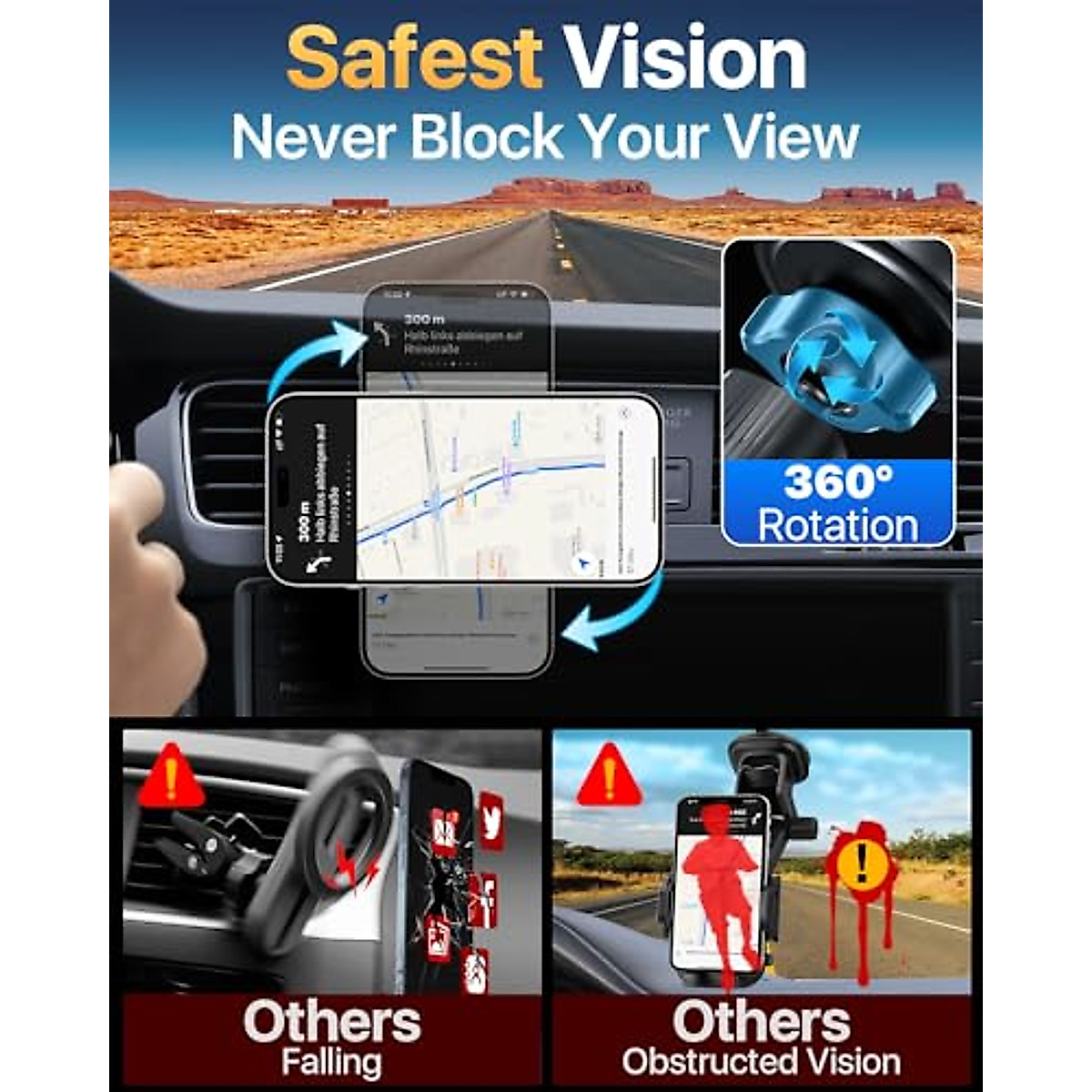 [2024 Newest Upgraded] for MagSafe Car Vent Mount HTU [Best Magnets] Car Phone Holders for iPhone, Hook Handsfree 360° Rotation Magnetic Phone Holder Car for iPhone 15 14 13 12 Pro Max Plus Mini,Black