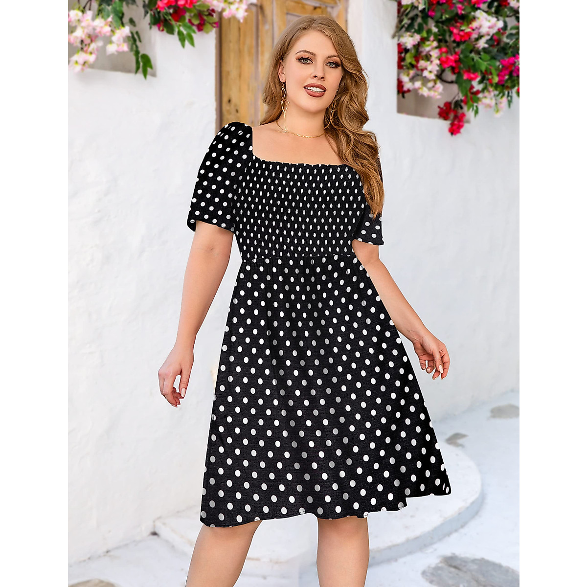 LETDIOSTO Womens Plus Size Dresses Black Polka Dot Knee Length Smocked 4XL Summer Cocktail Wedding Dress