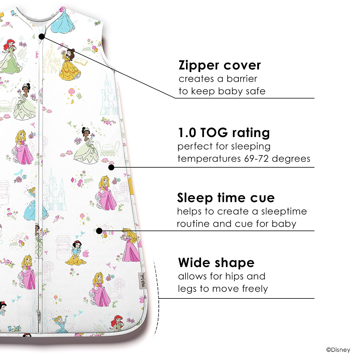 Milk Snob Disney Princess Baby Sleeping Sack for 6-18 Months, Sleeveless Sleep Bag Wearable Zip Up Blanket for Girl, Infant Shower and Registry Gifts