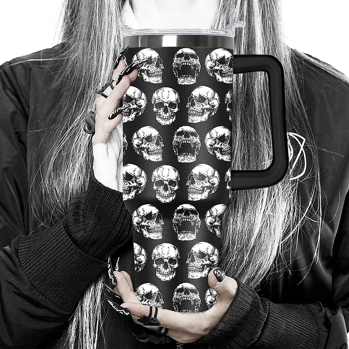30oz Skull Tumbler with Handle Lid and Straw, Goth Halloween Decor Stuff for Women,Goth Halloween Decor Witch Skull Stuff