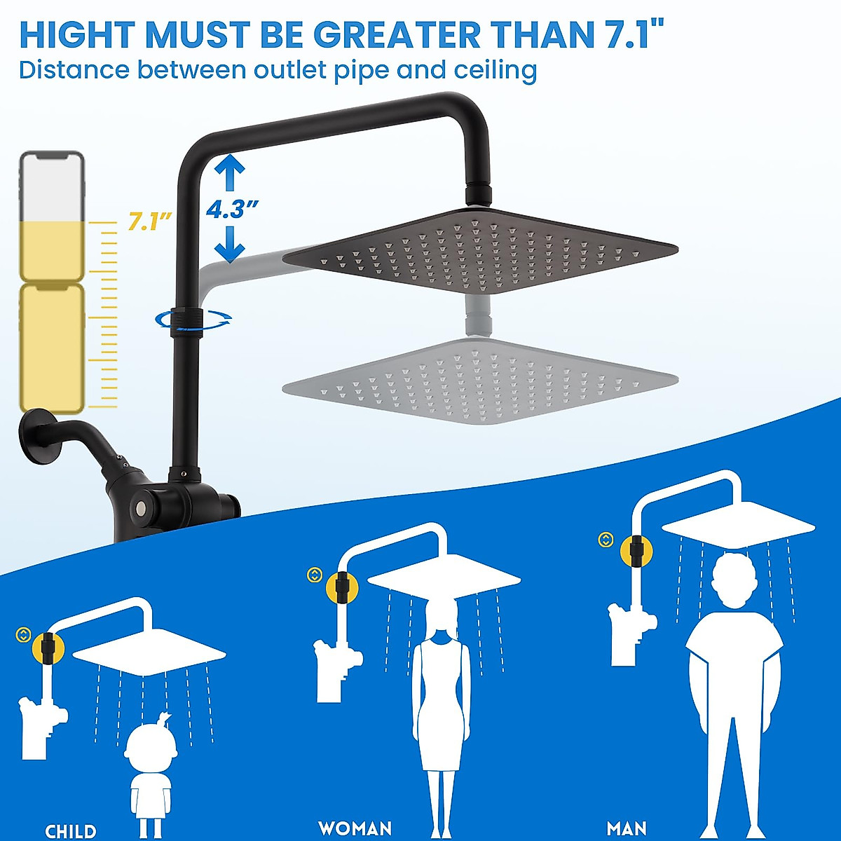 Ryamen Upgraded Dual Shower Heads Combo, 10 inch Filtered Shower Head with Handheld, 3-Way Rain Shower Head with Filters, 7 Settings Handheld Spray, High Pressure, Height Adjustable (Black)