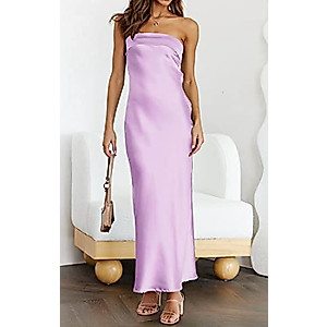 ZESICA Women's 2023 Summer Satin Strapless Dress Sexy Backless Bodycon Wedding Cocktail Party Maxi Dresses,Purple,X-Large