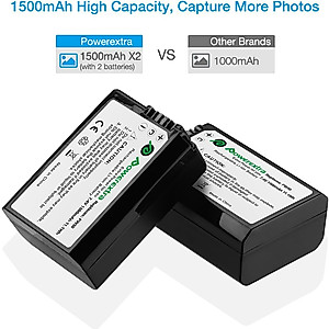Powerextra 2 Pack Replacement NP-FW50 Battery Compatible with Sony ZV-E10,Alpha A6000, A6500, A6300, A7, A7II, A7SII, A7S, A7S2, A7R, A7R2, A7RII, A55, A5100, RX10, RX10II Digital Camera