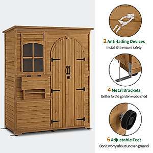 MCombo Outdoor Storage Cabinet, Outside Wooden Storage Cabinet with Waterproof Asphalt Roof and 3 Shelves, Tall Tool Shed with 1 Foldable Table for Yard, Garden, Patio, Lawn 1815