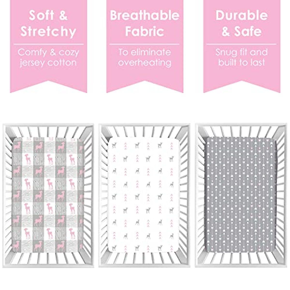 GROW WILD Pack n Play Sheets 3-Pack | Baby Mini Crib Sheets for Girls | Soft Pack and Play Mattress and Crib Bedding Set | Playard Jersey Cotton Fitted Crib Sheets | White Grey Pink Deer and Arrows