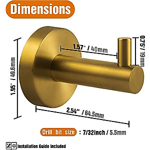 HITSLAM Gold Towel Hooks for Bathroom Wall Mounted, Brushed Brass Wall Mount Hooks Heavy Duty Premium SUS 304 Stainless Steel Rustproof 2 Pack