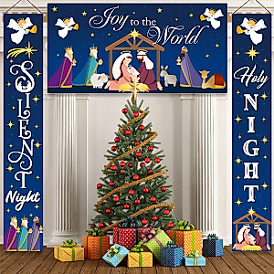 Christmas Decorations - Manger Scene Porch Banner Merry Christmas,Indoor Outdoor Holy Nativity Yard Sign with Stakes for Christmas Outdoor Lawn Decorations for Church,Home,Businesses,Stores,Parties