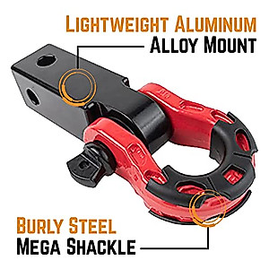 GearAmerica Aluminum 2”x2” Hitch Receiver & Mega Shackle – 32,000 lbs (16T) MBS, 16,000 lbs (8T) WLL – for Heavy Duty Towing and Off-Road Recovery – Includes Shackle, Washers & ⅝” Pin – Black & Red