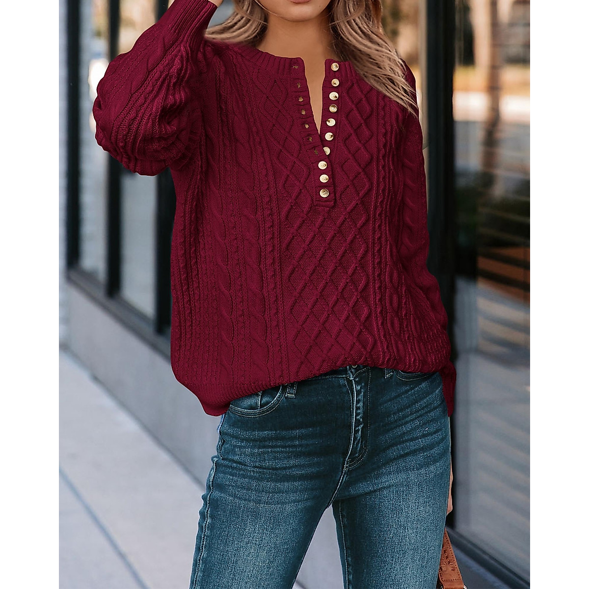 KIRUNDO Womens Sweaters 2024 Fall Winter Henley Long Sleeve Button Crew Neck Cable Knit Loose Cropped Sweater Pullover(Jujube Red, Large)