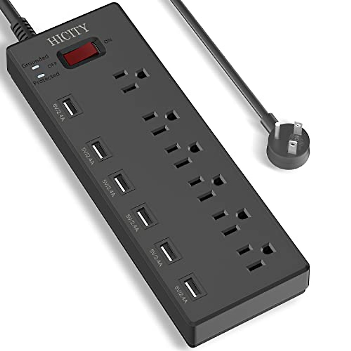Power Strip, HICITY Surge Protector with 6 AC Outlets and 6 USB Ports, Wall Mountable Flat Plug Extension Cord, 1625W/13A, Widely Spaced Outlet for Home, Office, Hotel (6ft, Black)