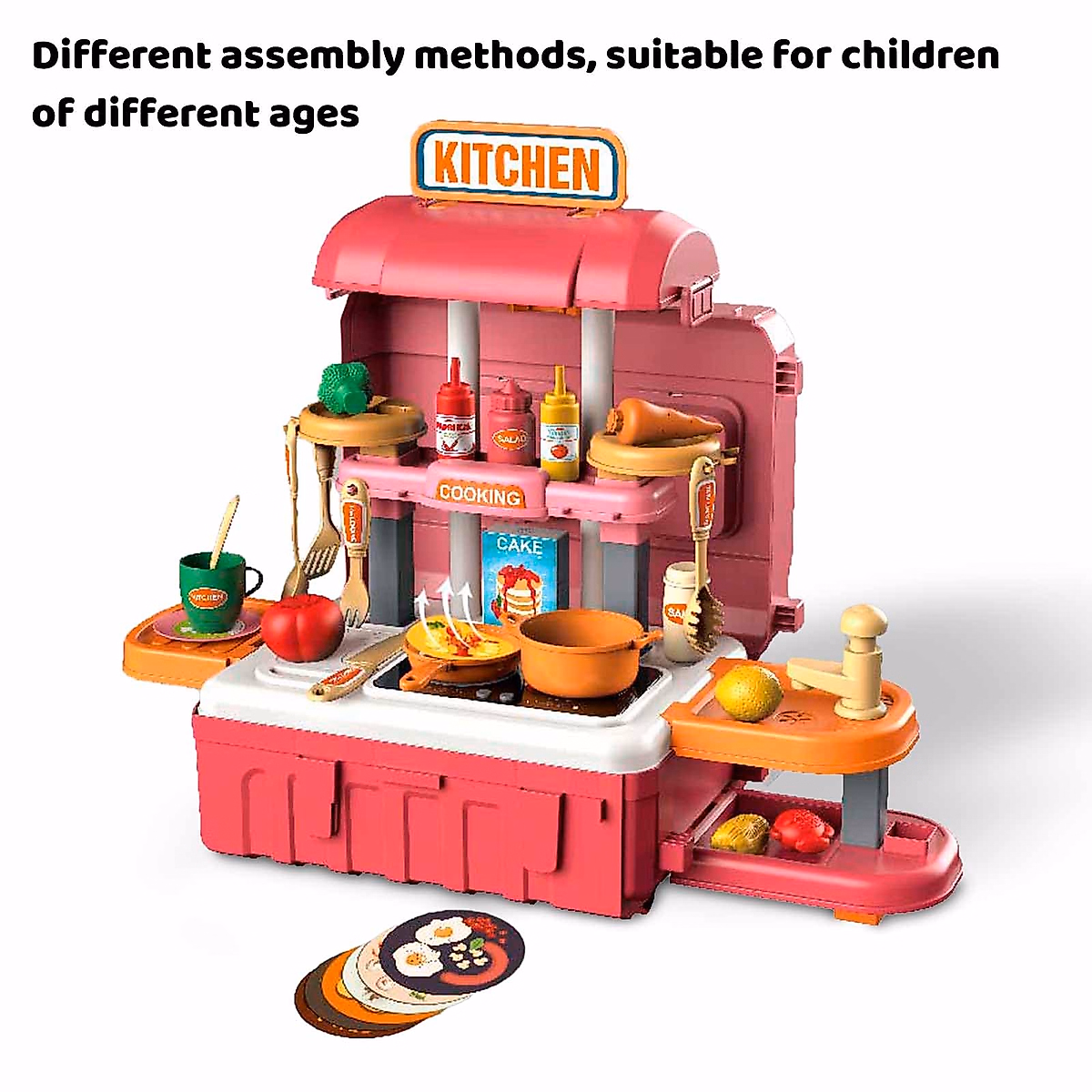 MUGEYMYD Kids Kitchen Playset for Toddlers 3-10 Years old,Pretend Play Kitchen Food Toy Accessories for boys and girls with Realistic Lights & Sounds, Play Sink, Easy to Assemble, Pink.