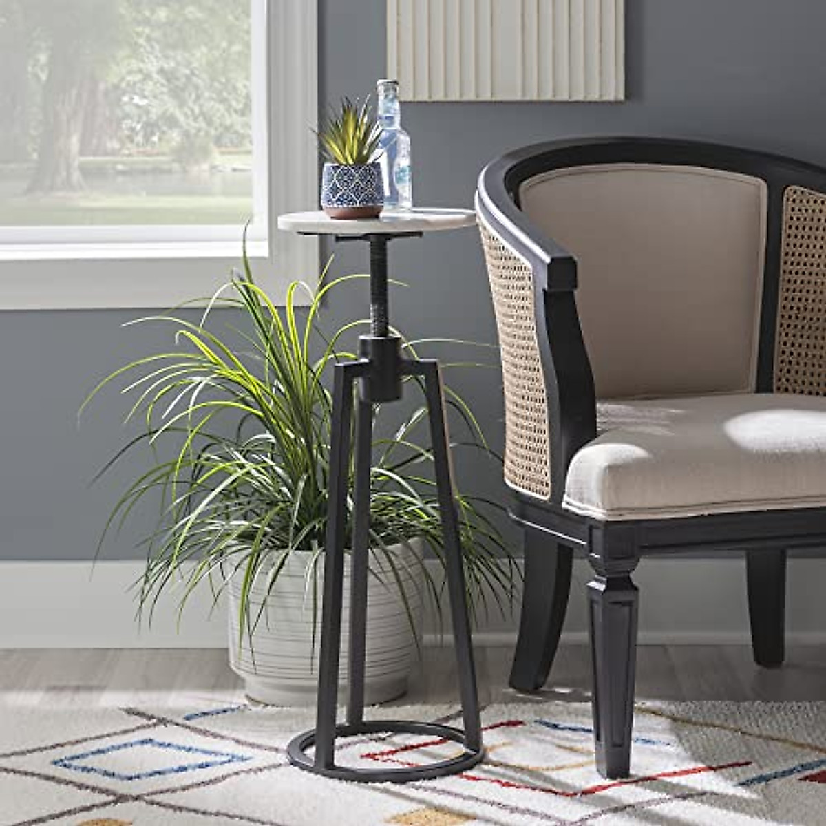 Powell White Marble Top Drink Industrial Style Black Metal Adjustable Height Base Muriel Side Table