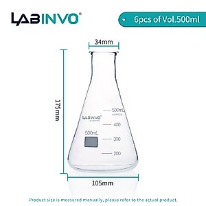 LABINVO 500ML Glass Erlenmeyer Flask, Narrow Mouth Graduated Conical Flask with Marking Spot, 6pcs of 3.3 Borosilicate Glass Flask Set, IN-EFN500
