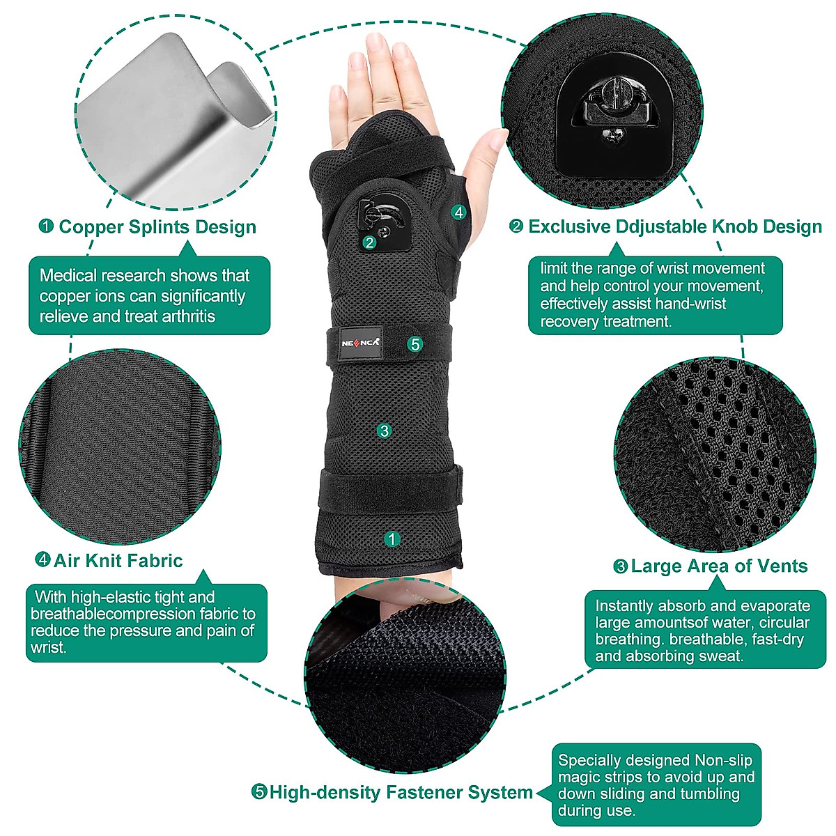 NEENCA Wrist Support Brace, Night Sleep Hand Support Brace with Splints and Adjustment Knob, Palm Wrist Orthosis - Fits Both Hands -Help With Carpal Tunnel, Relieve and Treat Wrist Pain or Injuries