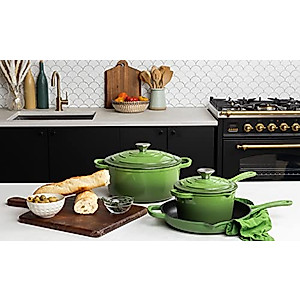 Larder & Vine 5 Piece Enameled Cast Iron Cookware Set, Oven Safe and Compatible with all Cooktops - includes 5.7 QT Dutch Oven and 2.2 QT Saucepan with lids and 10.25" Skillet (Okra)