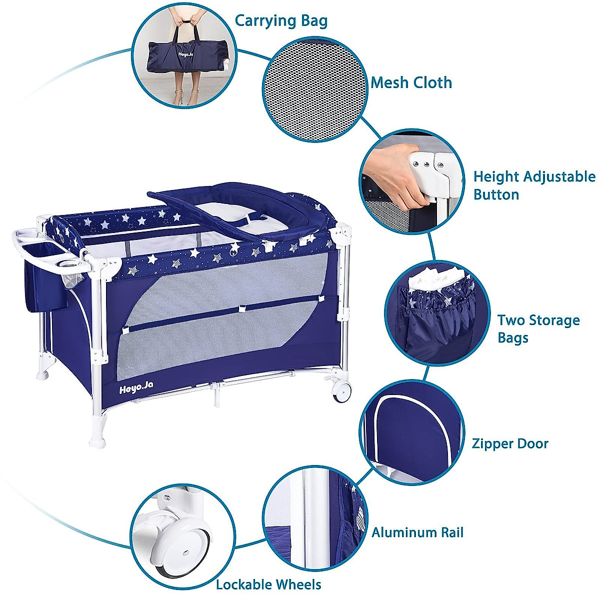 Heyo.Ja Baby Bassinet Bedside Crib, Portable Playard 4 in 1 Convertible Pack and Play with Mattress, Foldable Travel Crib for Girls Boys Infant Newborn (Navy)