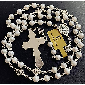 elegantmedical Handmade AAA 6MM Real Pearl Beads Catholic Our Lady Grace Rosary Cross Necklace Box Case Gifts (White)
