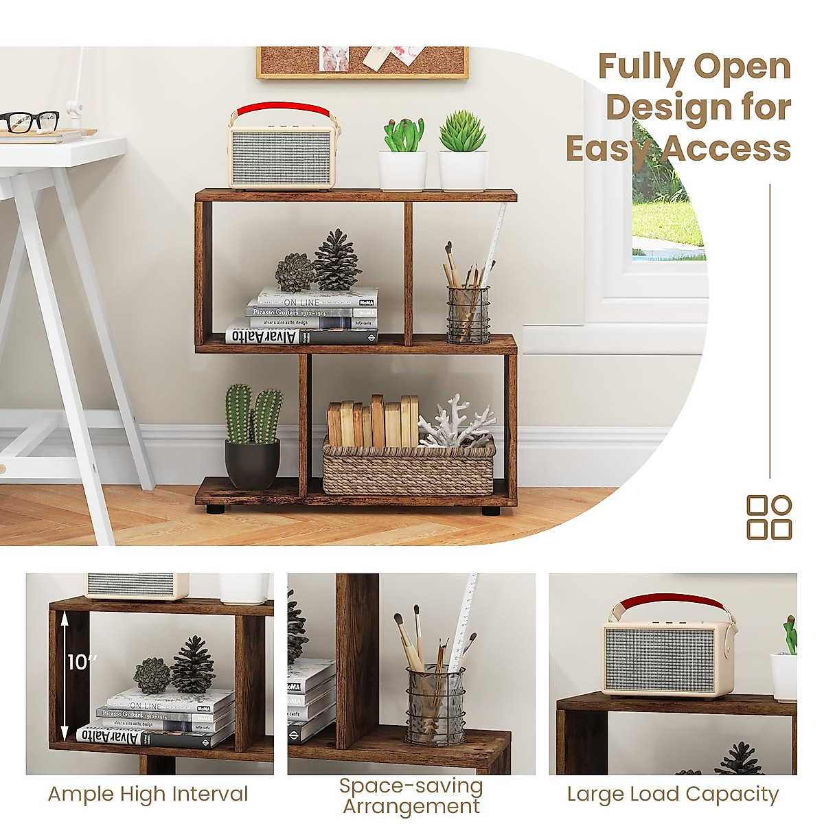 Tangkula 2 Tier Geometric Bookshelf, Freestanding Wood Display Shelf, Home Office Décor Room Divider S Shaped Open Bookcase, Small Bookshelf for Small Spaces, Living Room, Study (Coffee, 1)