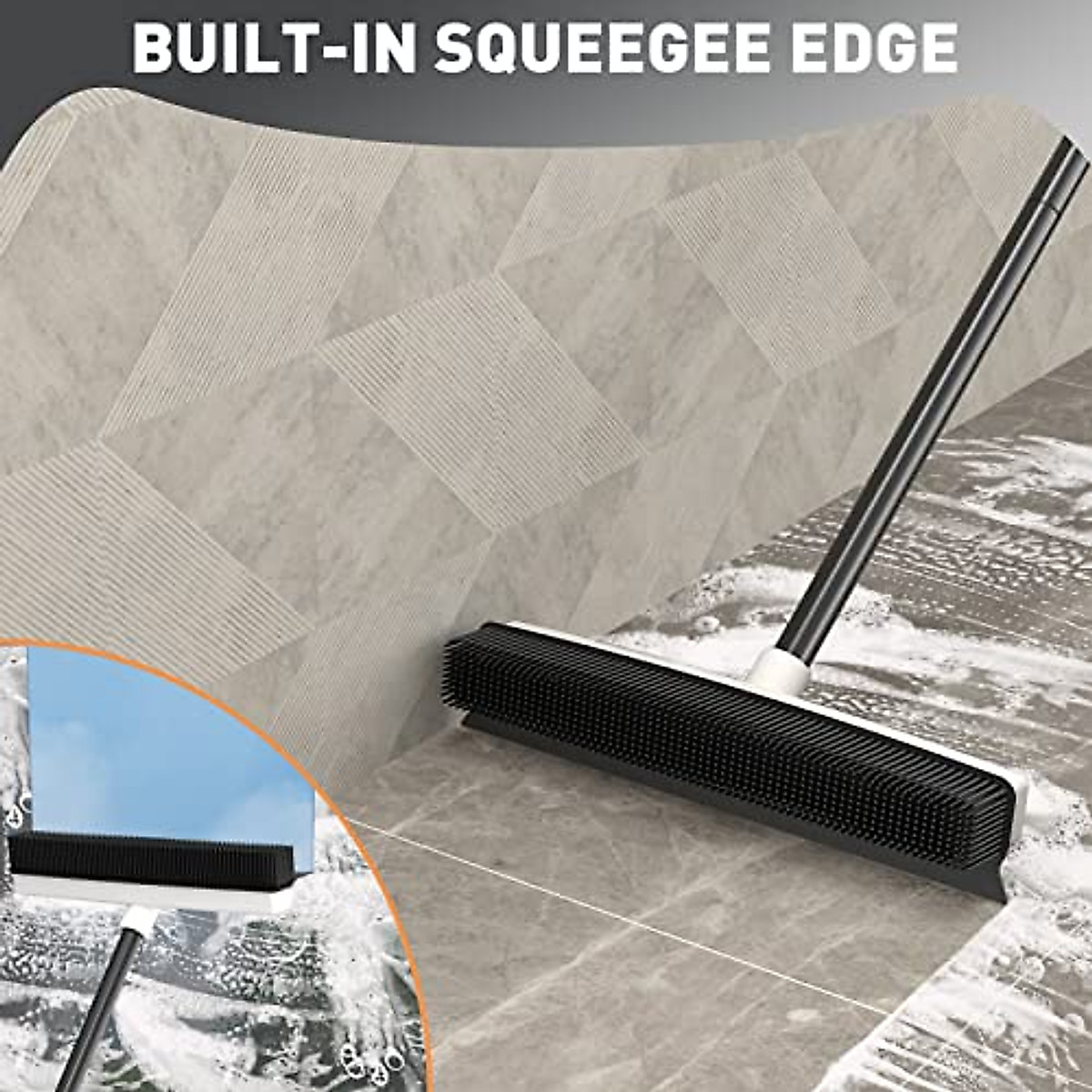 Sunally Rubber Broom Pet Hair Remover, Fur Remover Broom with Squeegee for Fluff Carpet, Hardwood Floor, Tile, Window, Black White, Includes Portable Lint Remover Brush