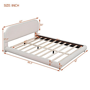 Teddy Fleece Queen Size Upholstered Platform Bed with Thick Fabric, Solid Frame and Stylish Curve-Shaped Design,for Kids Teens Adults Bedroom (Beige@Teddy Fleece, Queen)