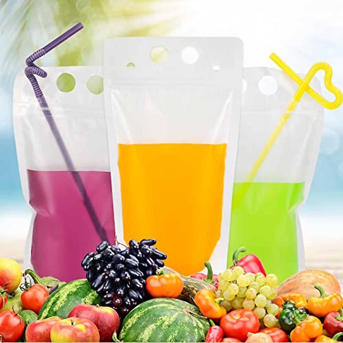Tomnk 200PCS Drink Pouches for Adults with Straws, Heavy Duty Hand-held Translucent Reclosable Plastic Smoothie Drink Pouches with 200 Straws