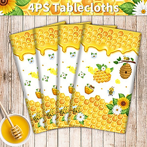 4 Pack Bee Tablecloth Happy Bee Day Tablecloths Rectangle Honey Bees Bumble Table Cover Bee Theme Party Tablecloth for Bee Baby Shower Bee Birthday Party Decorations 51 x 86 Inch