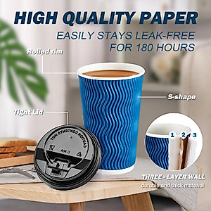 SIUQ 80 Pack 16 oz Disposable Coffee Cups with Lids and Straws, Insulated Ripple Wall To Go Paper Coffee Cups for Coffee, Hot Chocolate and Hot Tea Drinks - Navy