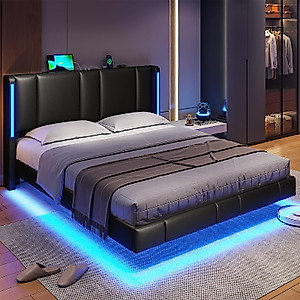 MSmask Queen Platform Bed Frame, Floating Bed with LED Lights, Faux Leather Upholstered Headboard, 2 USB Ports, Under-Bed Storage, No Box Spring Needed, Black