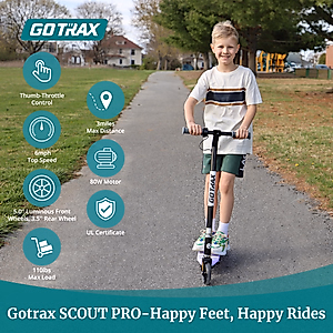 Gotrax SCOUT PRO Kids Electric Scooter, Max 6Mph and 30min Riding Time, Thumb-Throttle Control with PU luminous Front Wheels (5.0''), Ideal Kick Scooter for Kids Ages 4-7, Black