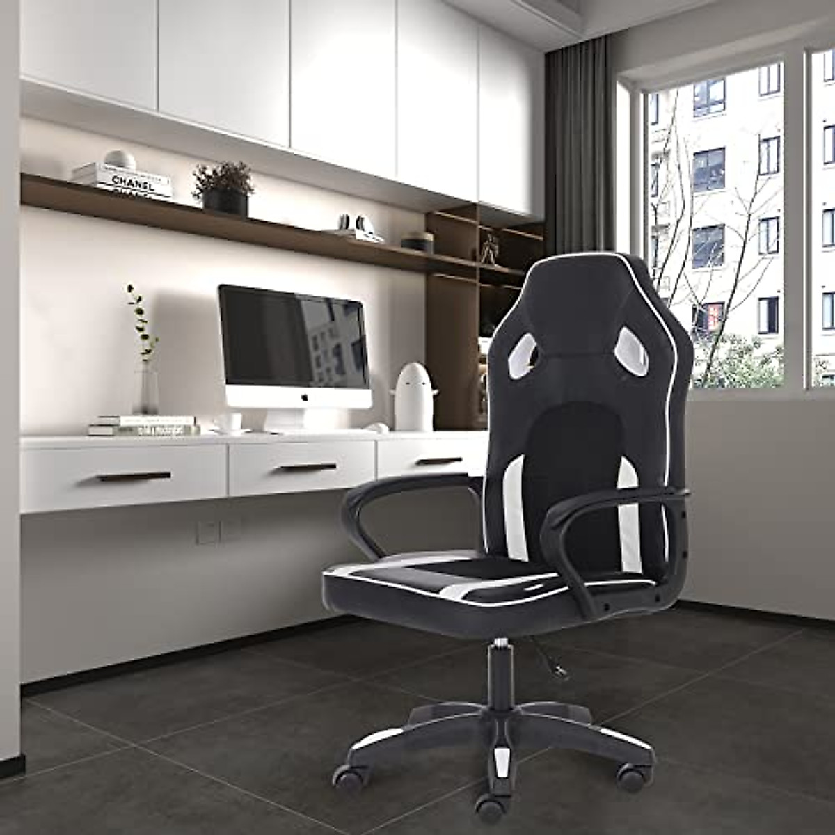 Executive Office Chair with Arms, Mid-Back Desk Chair Black PU Leather Ergonomics Office Task Chair Adjustable Swivel