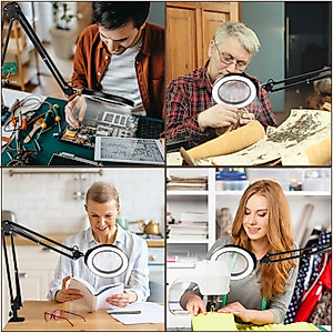 VEEMAGNI 5 Inch Large Magnifying Glass with Light and Stand, 5 Color Modes Stepless Dimmable, Long Swivel Arm LED Clamp Desk Lamp, Hands Free 8X Lighted Magnifier for Close Work Craft Hobby Soldering