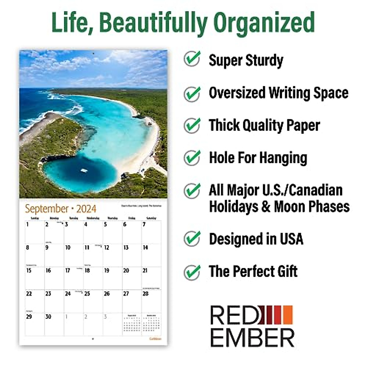 RED EMBER Caribbean 2024 Wall Calendar 12 Month | 12" x 24" Open | Thick & Sturdy Paper | Giftable | Calendar 2024