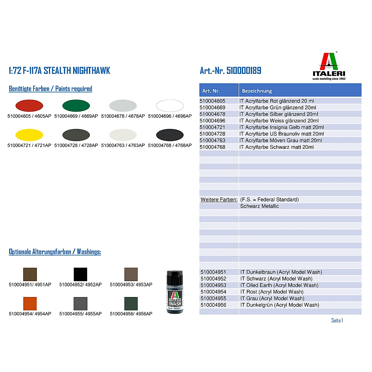 Italeri 1:72 Aircraft No 189 F-117a Nighthawk Model Kit (510000189)
