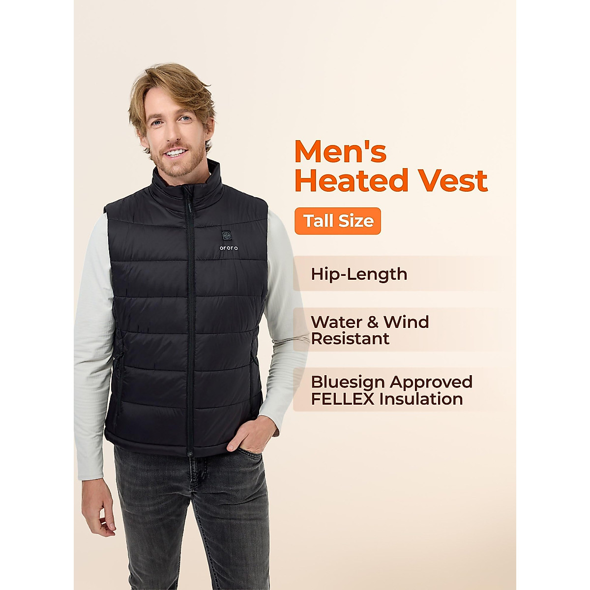 ORORO Men's Tall Size Heated Vest with Battery Pack, Puffer Heating Vest (Charger Not Included) (Black, XLT)