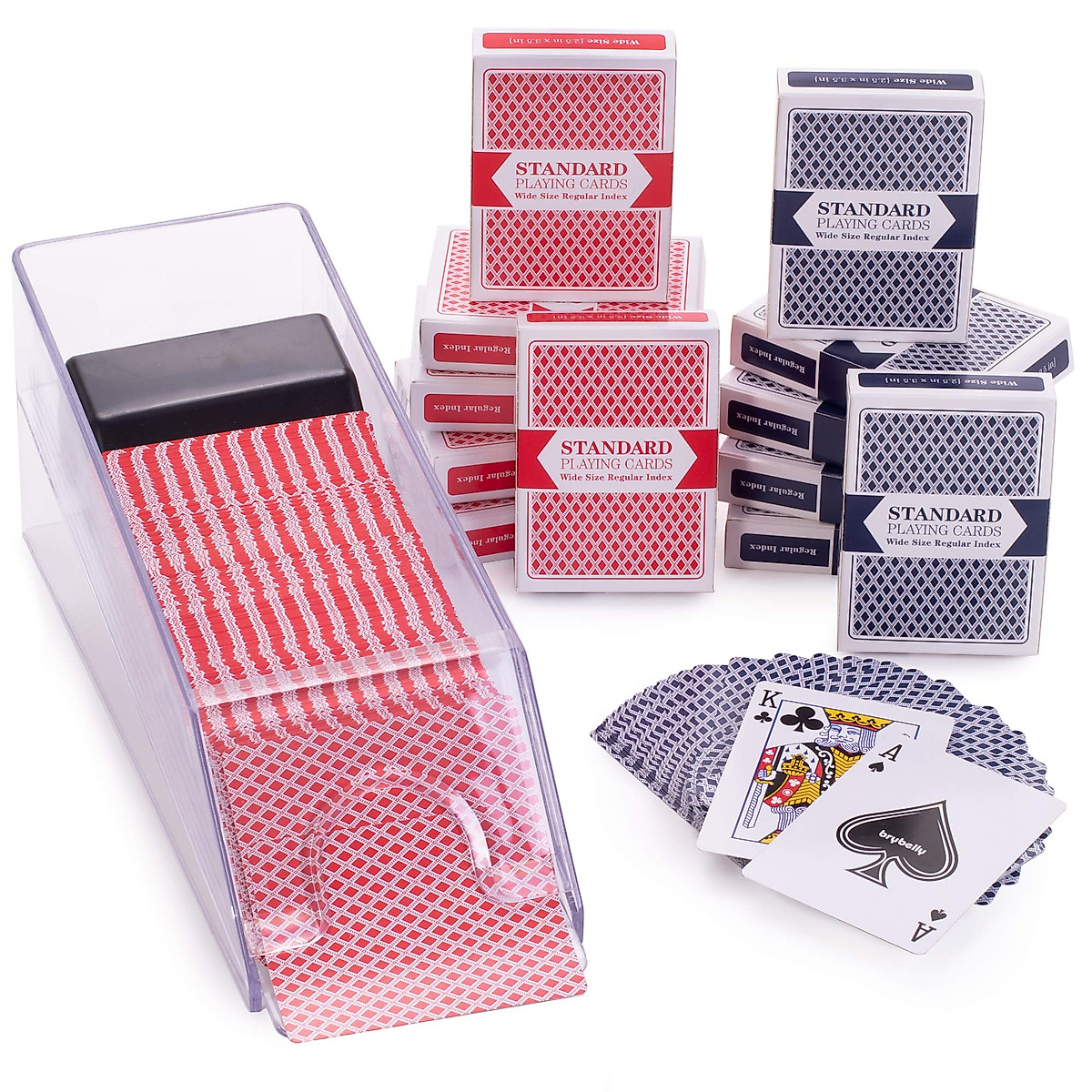 Blackjack Basics Set - Includes Blackjack Dealer Shoe + Discard Tray & 12 Decks of Plastic-Coated Playing Cards (6 Red, 6 Blue) - Casino-style Card Game Pack for Gambling Games & Family Game Night